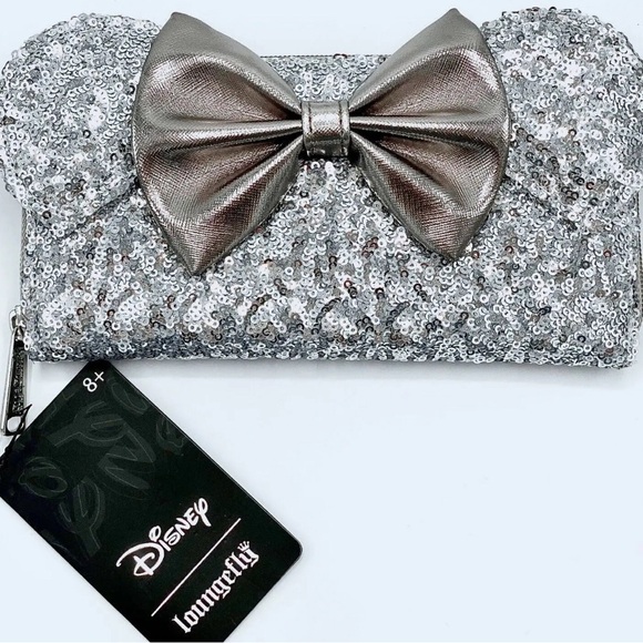 Loungefly | Bags | Minnie Mouse Silver Sequins Bow White Polka Dots ...